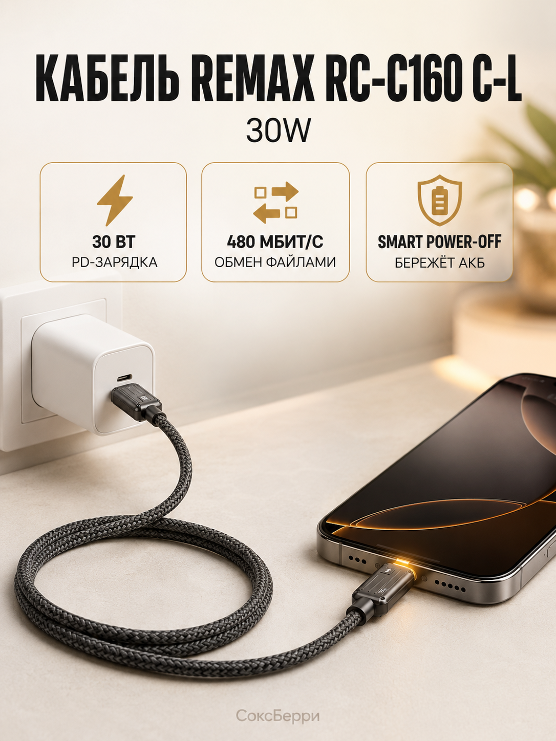 Кабель Remax "RC-C160", USB-C - Lightning, длина 1.2 м, с поддержкой протокола быстрой зарядки