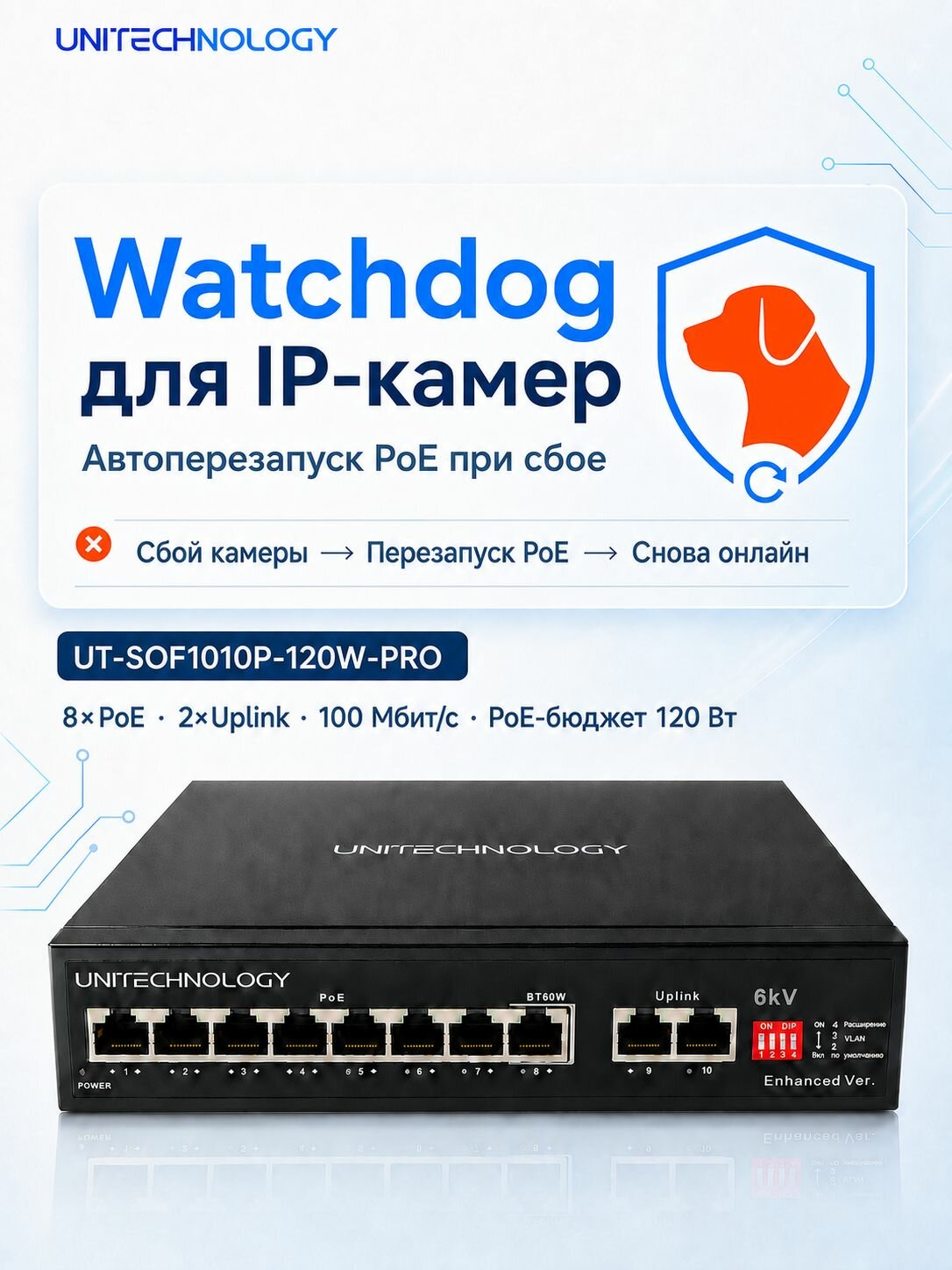 PoE коммутатор 8 портов PoE + 2 Uplink, 100 Мбит/с, 120 Вт, WatchDog, до 250 м, для IP камер, UNITECHNOLOGY UT-SOF1010P-120W-PRO