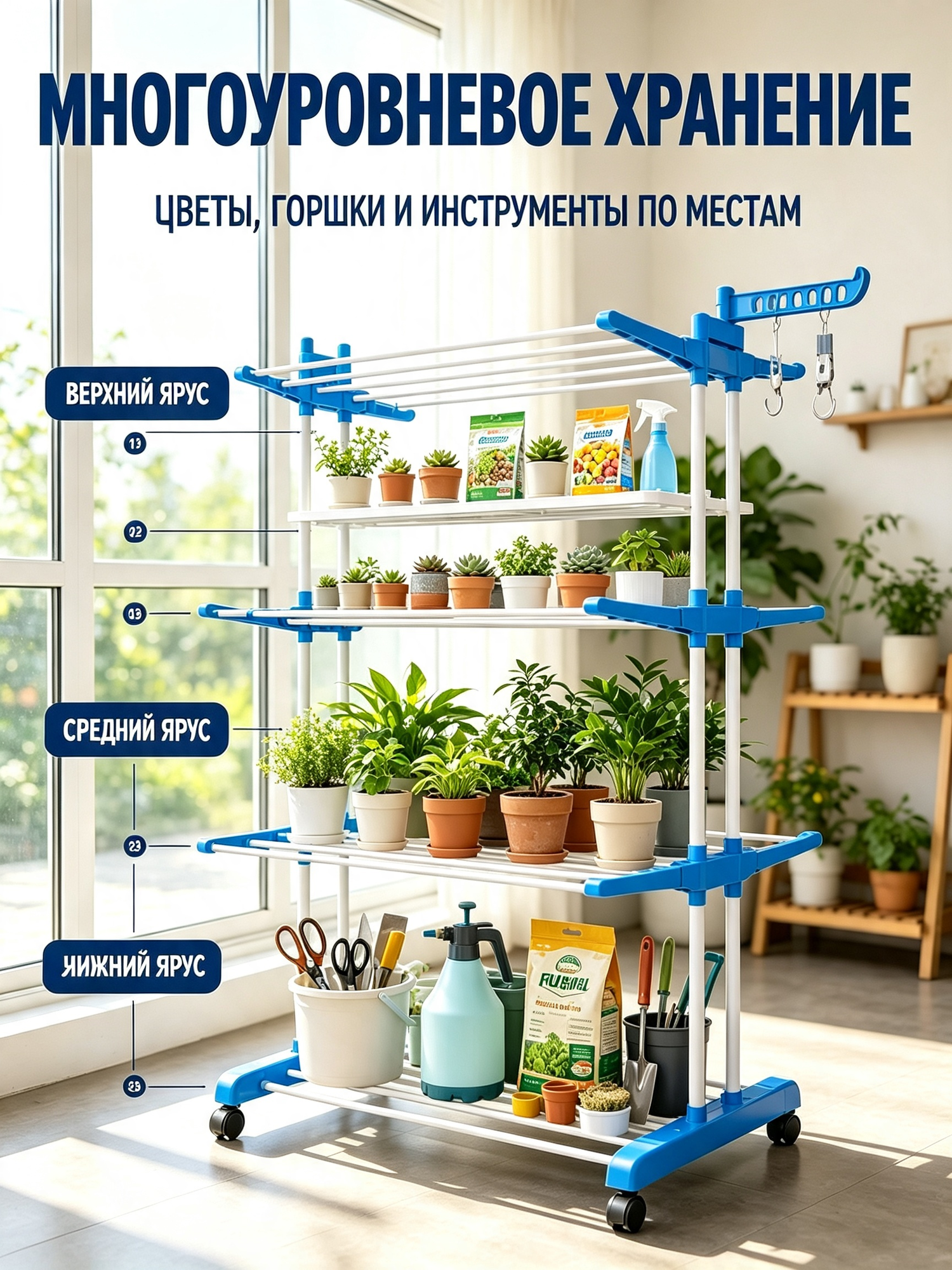 Этажерка на колесах для балкона, 3-ярусная, для цветов и растений
