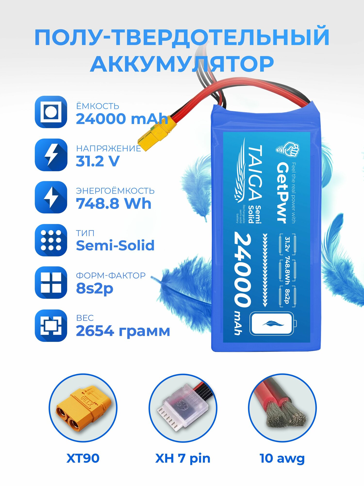 Аккумулятор GetPwr 24000 mAh легче в 1,5 раза! Полу-твердотельная технология для FPV и БПЛА (Россия)