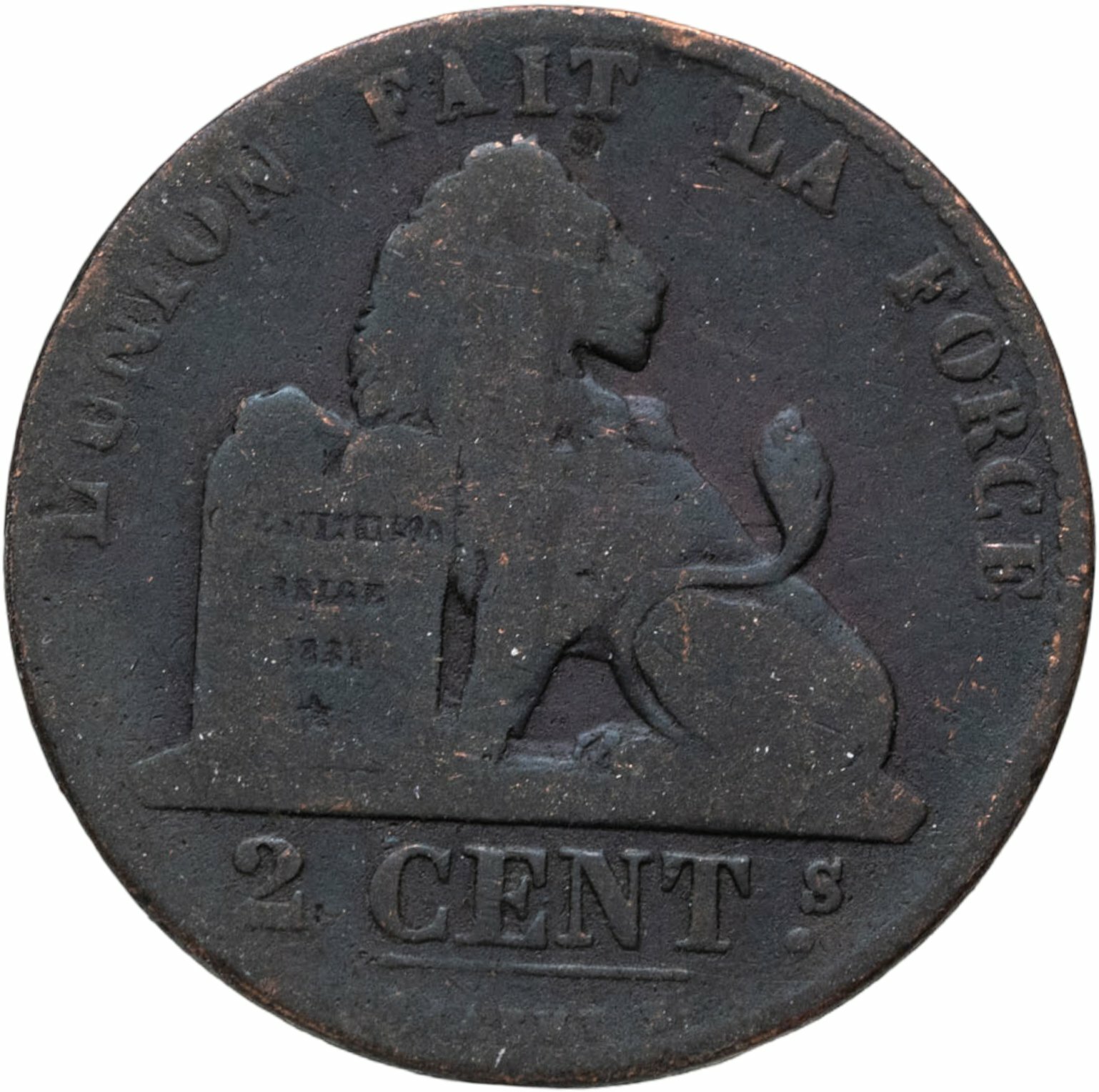 Бельгия 2 сантима centimes 1862 Надпись на французском - 'DES BELGES', Медь, в сохранности F