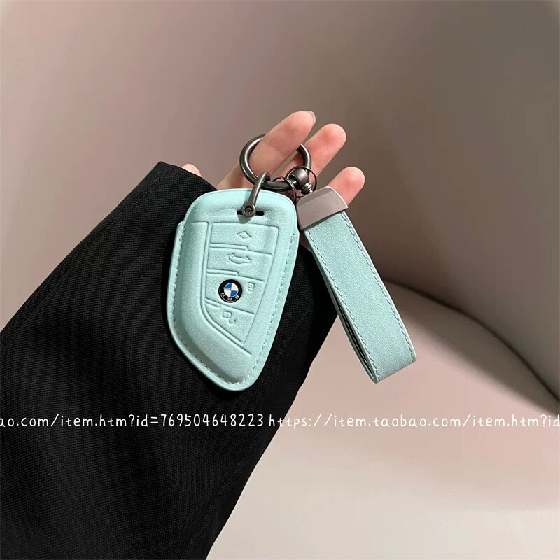 Кожаный чехол для ключа BMW для 5-й, 7-й серий, i3, i5, X1, X2, X5, X7 - Тиффани синий с простым ремешком