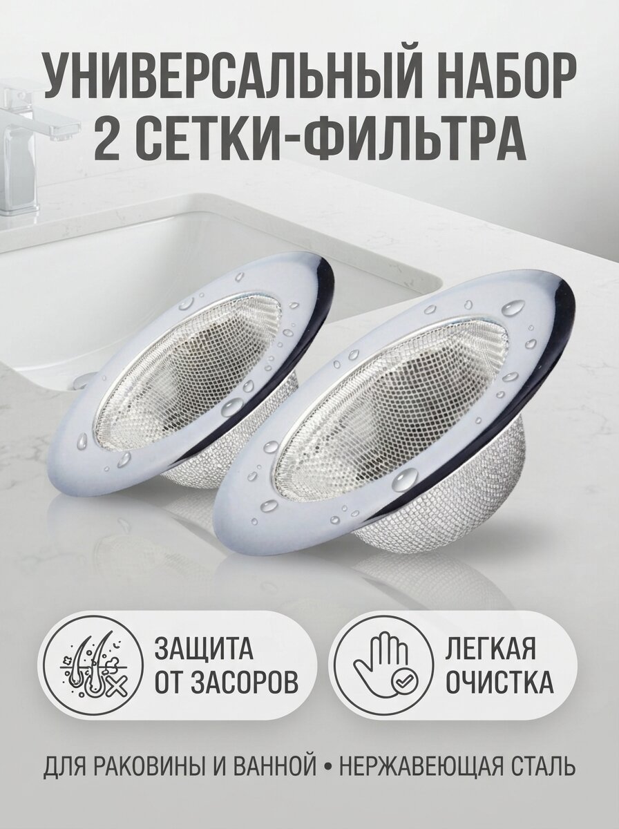 Ситечко для раковины 2 шт, сетка-сито для раковины на кухню, металлическое, фильтр для слива, сеточка для ванной