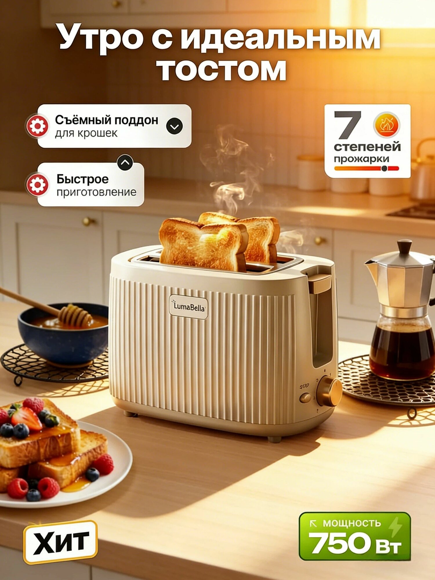 Тостер TWM-9 750 Вт тостов - 2, бежевый