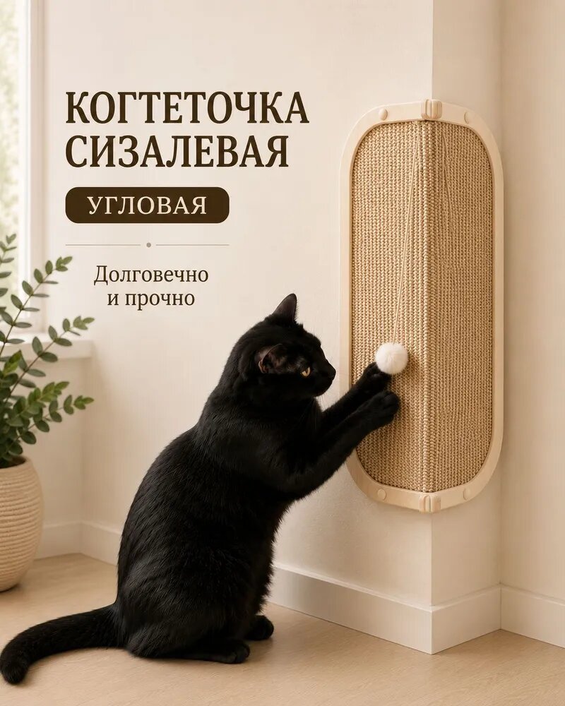 Когтеточка угловая настенная сизалевая для кошек деревянная
