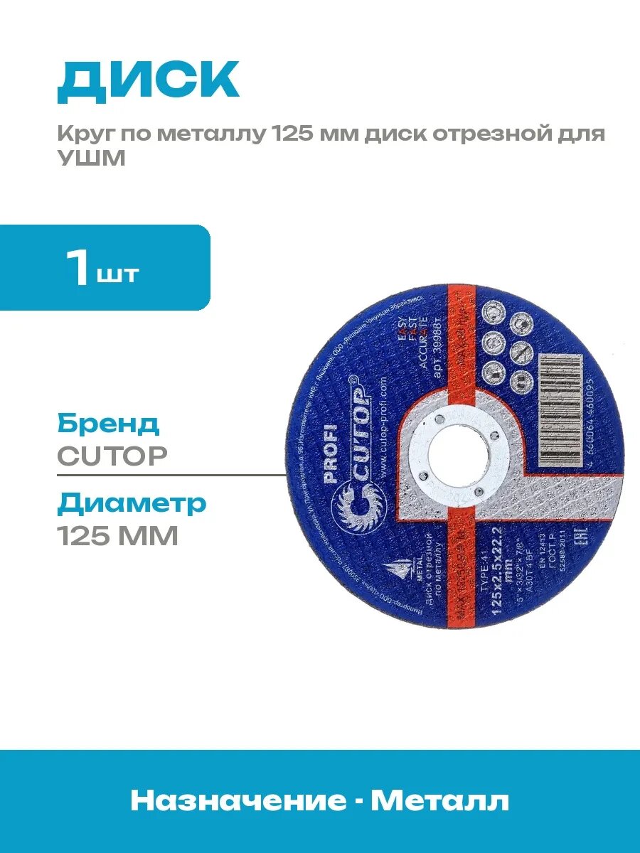 Диск для УШМ 125 мм отрезной круг по металлу оксид алюминия