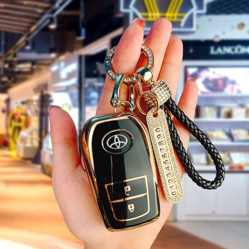 Чехол для брелока ключа Toyota Smart Two-Key - черный чехол с черным шнуром и номером подходит для Camry Corolla RAV4
