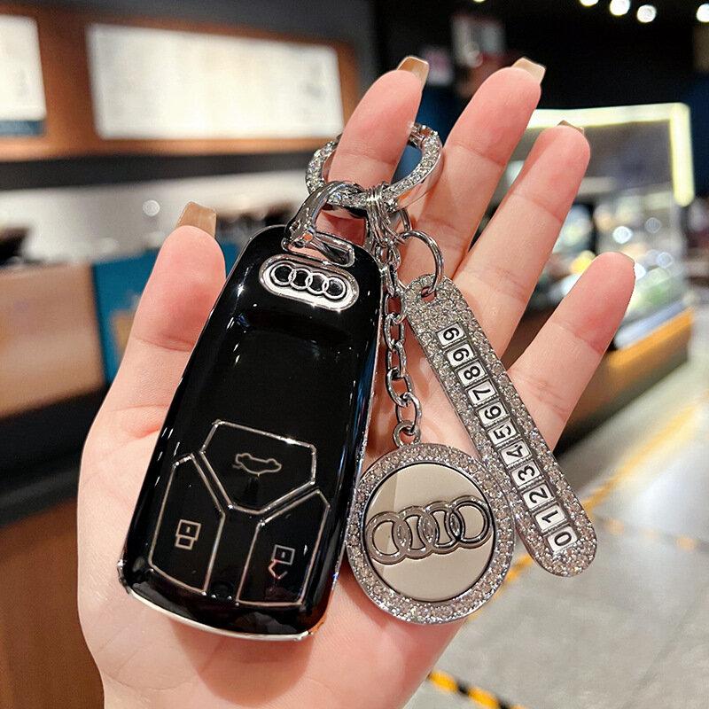 Чехол для ключа Audi для моделей A4L/A6L/A3/A5L/AQ2L - черный чехол с логотипом Audi, сверкающим кольцом и номерной