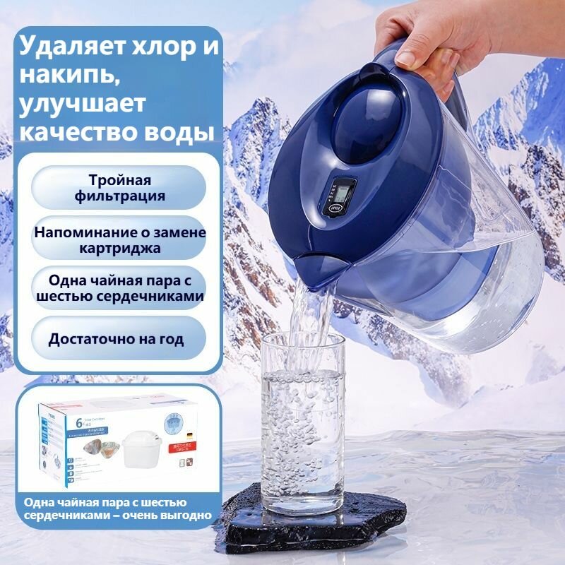 Кувшин-фильтр для воды накопительного типа + 6 сменных картриджей в подарок! Домашняя система очистки питьевой воды.