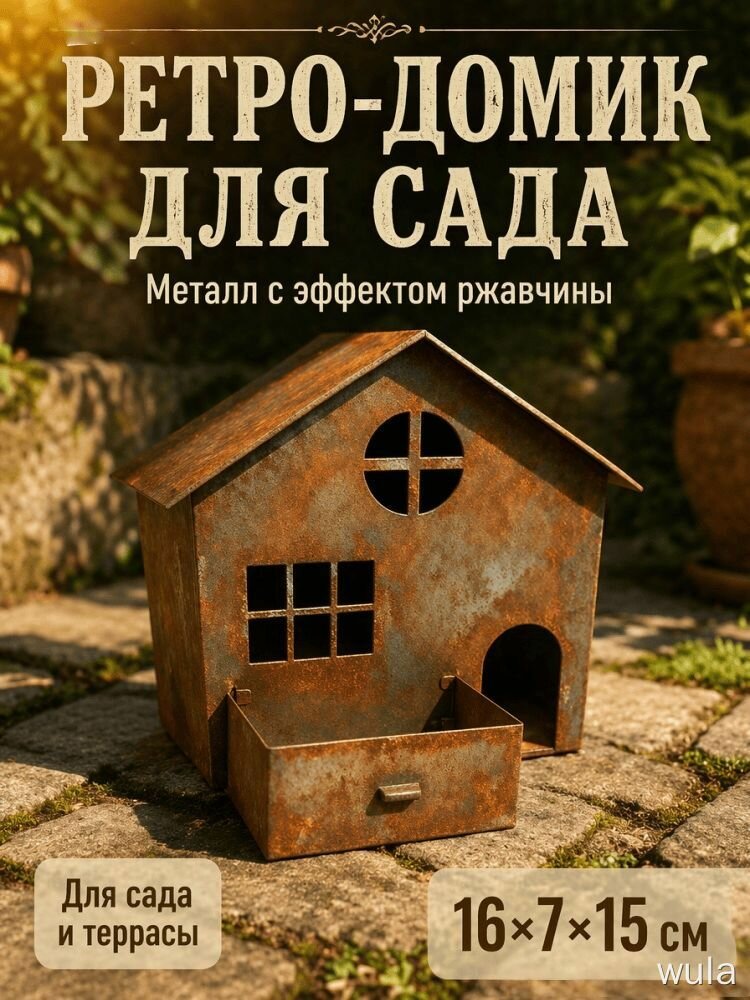 Металлический домик для сада с эффектом ржавчины 16×7×15 см, ретро дизайн, для дачи и террасы