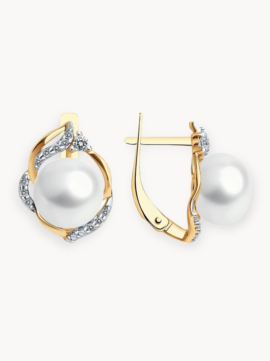 Серьги, серебро, 925 проба, золочение, фианит, жемчуг пресноводный культивированный