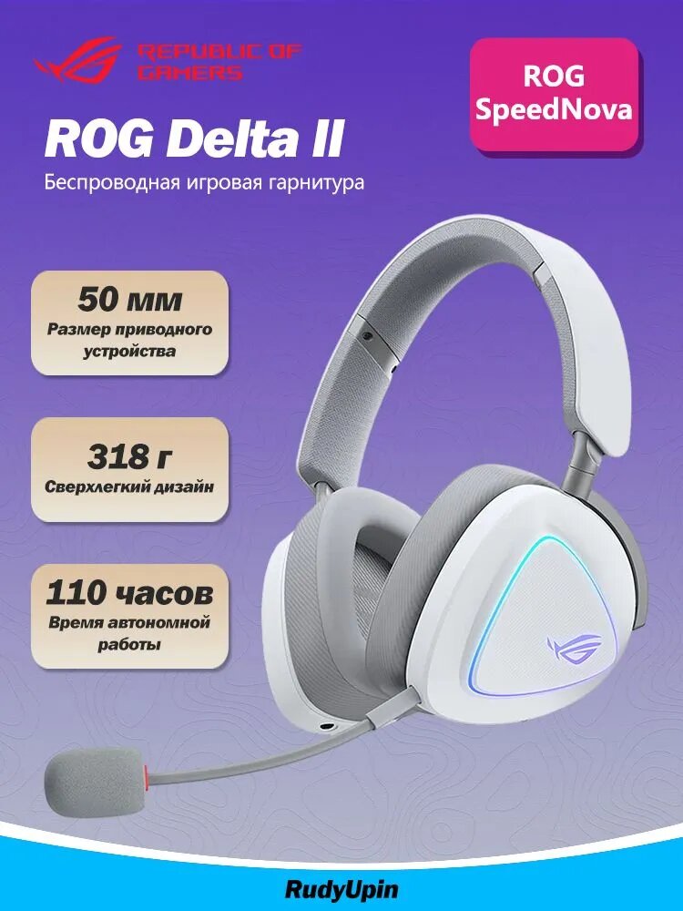 ASUS Наушники с микрофоном ROG DELTA II, Bluetooth, Радиоканал, 3.5 мм, USB Type-C, белый
