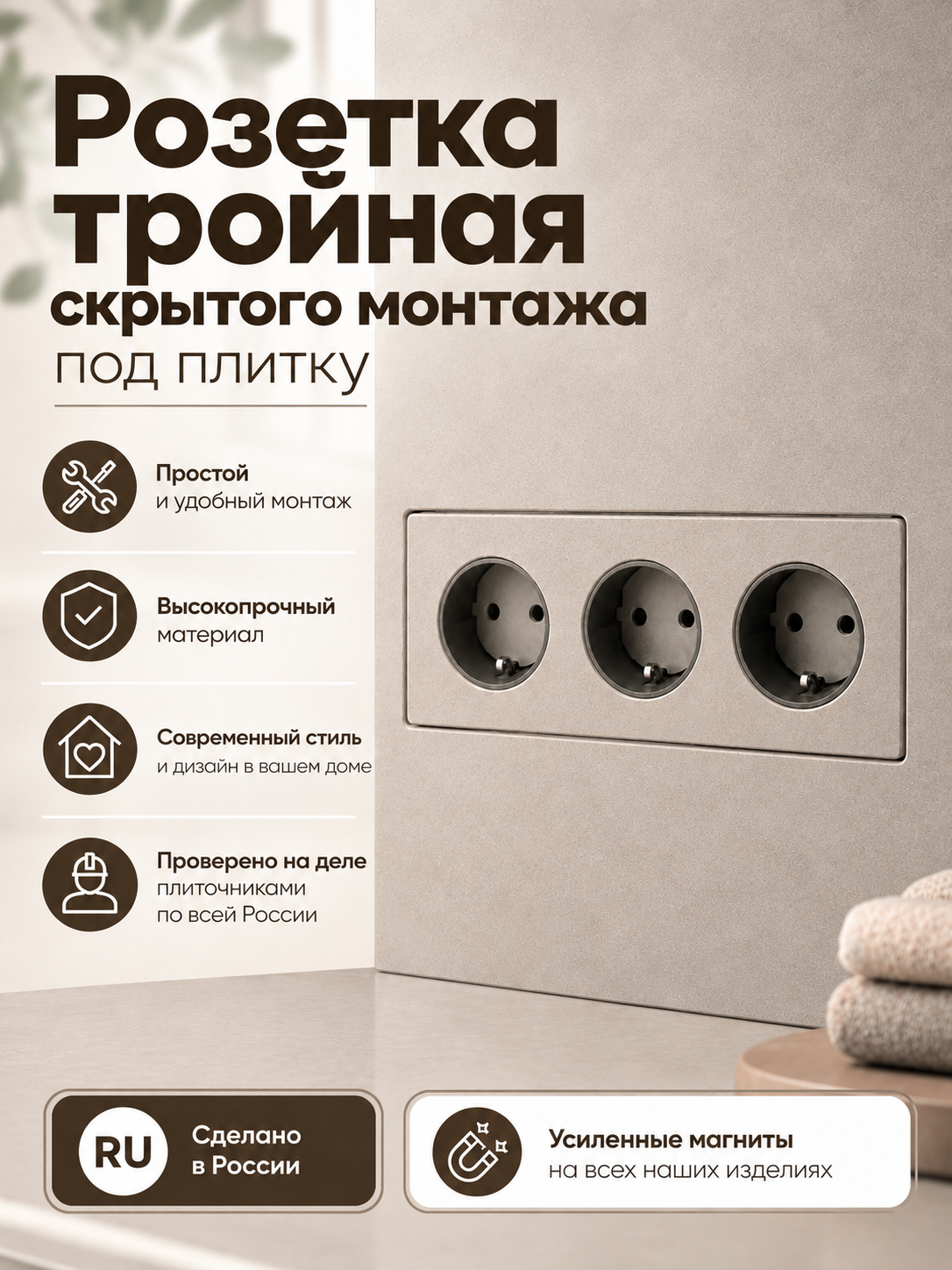 Розетка 3-а скрытого монтажа под плитку