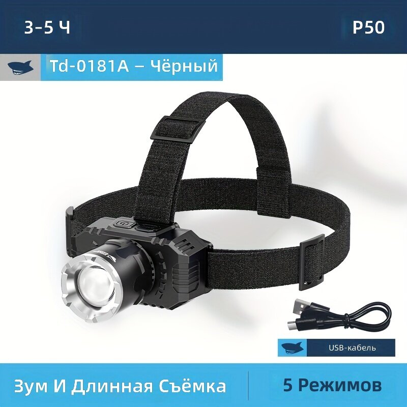 Налобный светодиодный фонарь с USB-зарядкой, зумом и 5 режимами, угол наклона 60°, дизайн «улыбающаяся акула», АБС-пластик с металлической отделкой, для кемпинга и походов, модель TD-0181A