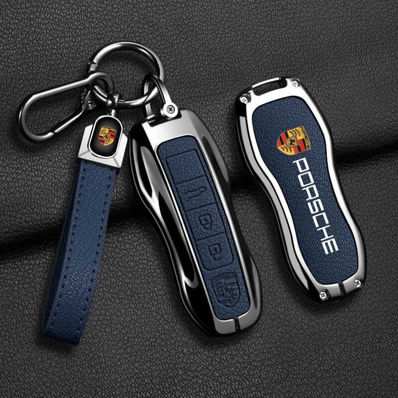Чехол для ключа Porsche Panamera Macan 911 Cayenne - Текстура козьей кожи, стиль ключа A3, Синий с шнуром A09 и