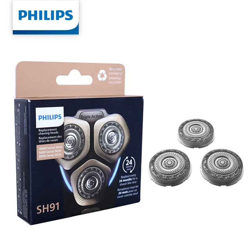 Оригинальная сменная бритвенная головка Philips SH91 с 3 лезвиями, совместимая с бритвами Philips Norelco серий S9000 / 9000 Prestige