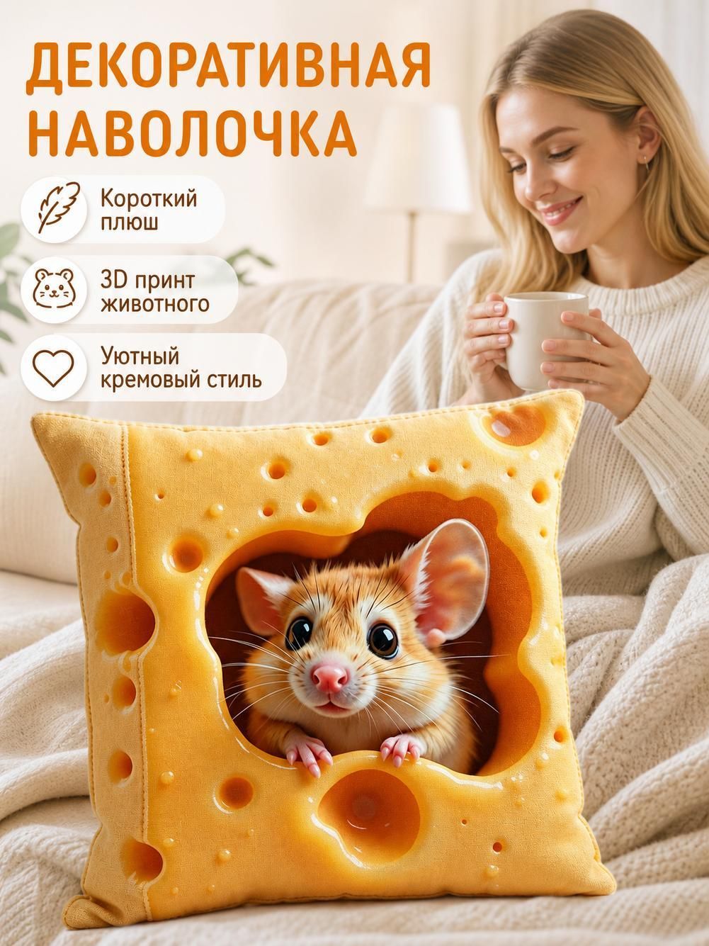 Наволочка декоративная из плюша, 45х45 см, жёлтая, с мышонком в сыре