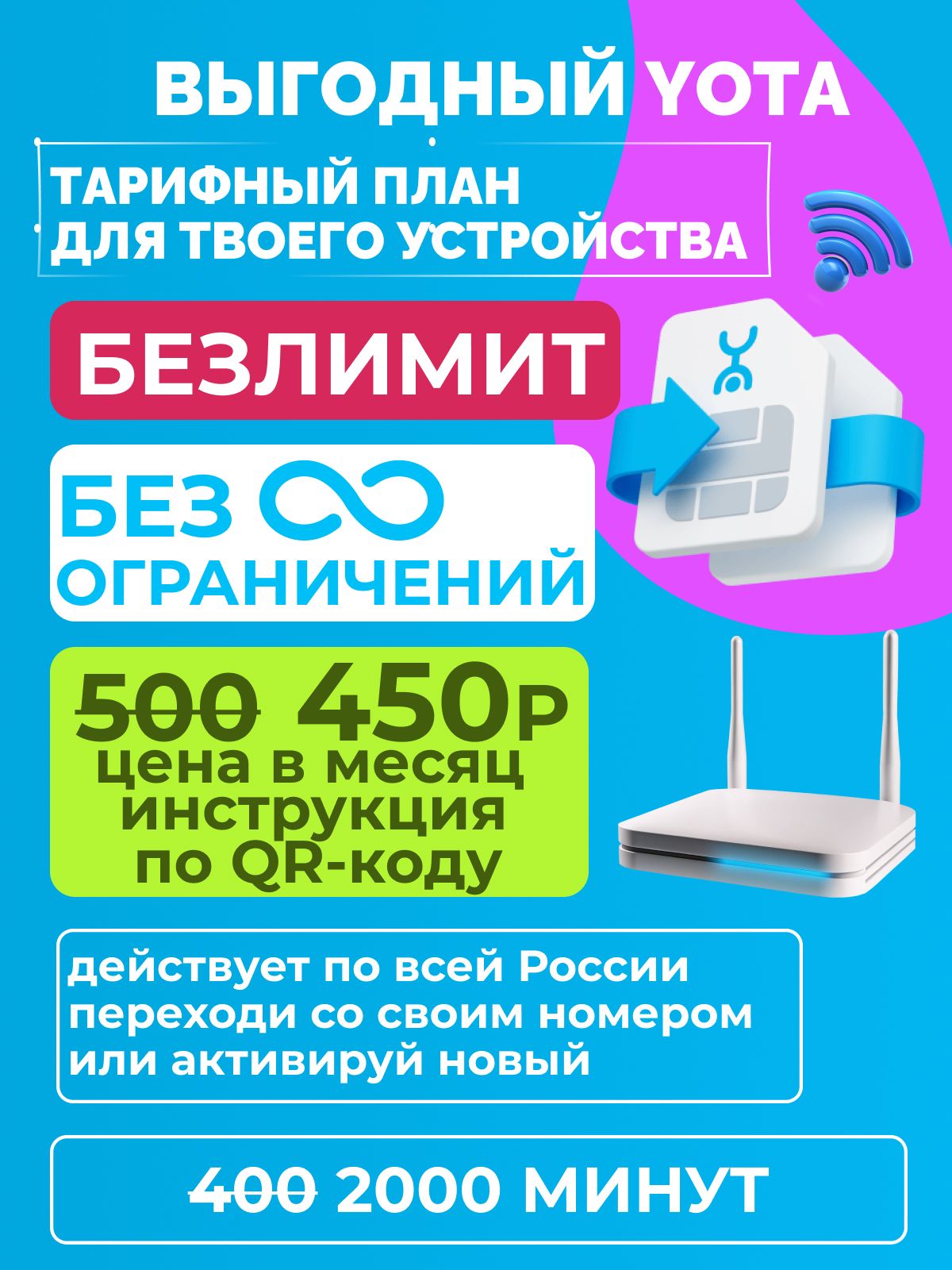 SIM-карта Yota безлимитный интернет для модема, роутера, смартфона, планшета, камер 4G наблюдения, GSM-трекеров, умных устройств. Ограниченное количество! Есть переход со своим номером