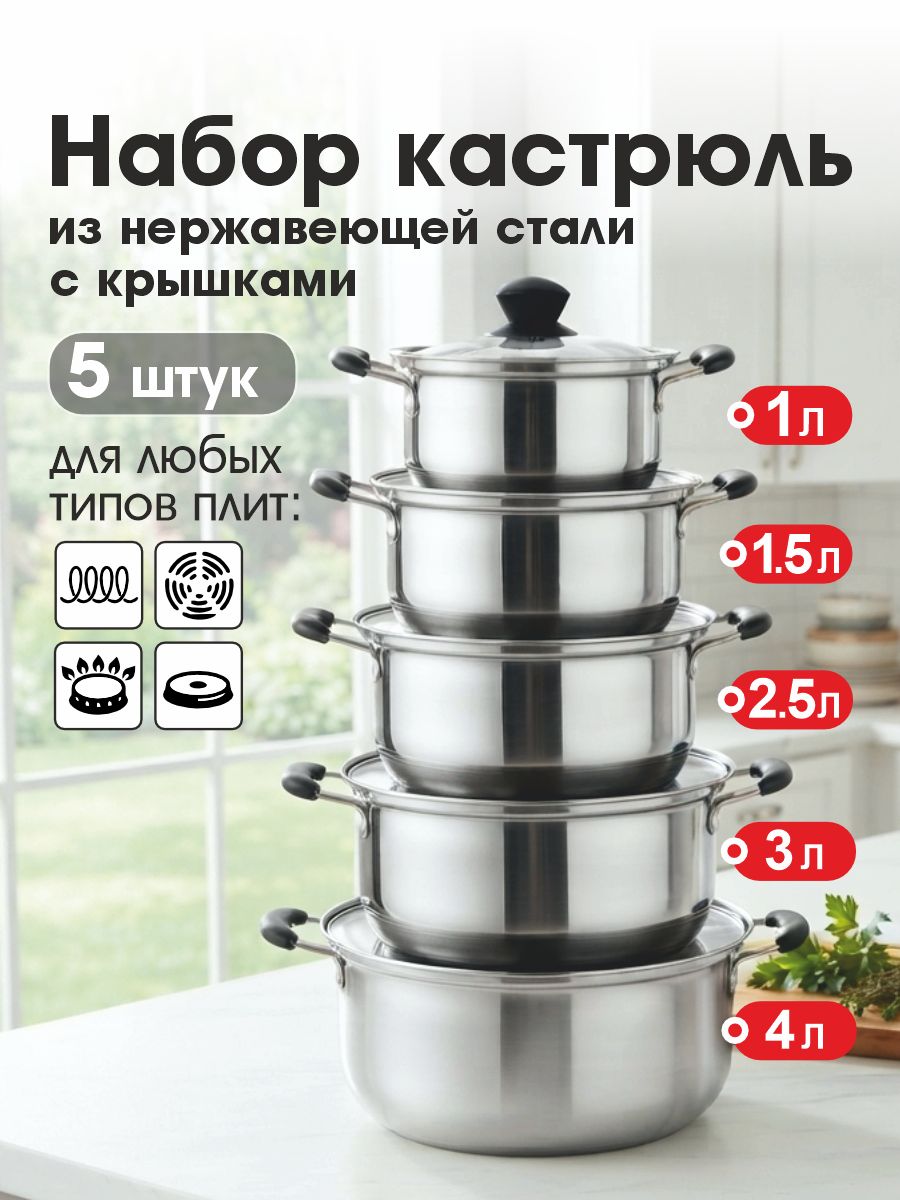Набор кастрюль с крышкой из нержавеющей стали, 10 предметов, для всех типов плит