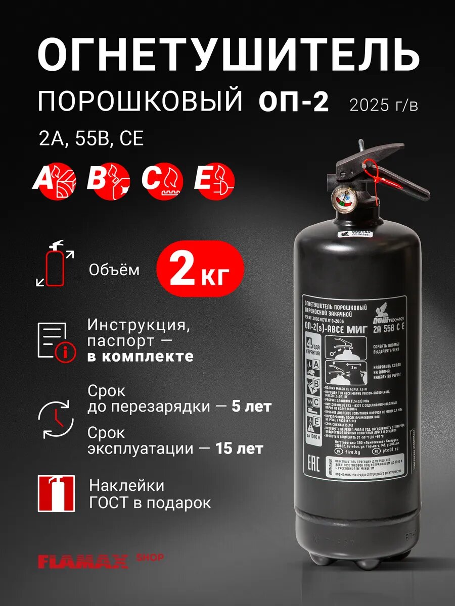 Огнетушитель автомобильный FLAMAX, черный, порошковый, 2кг, закачанный газ