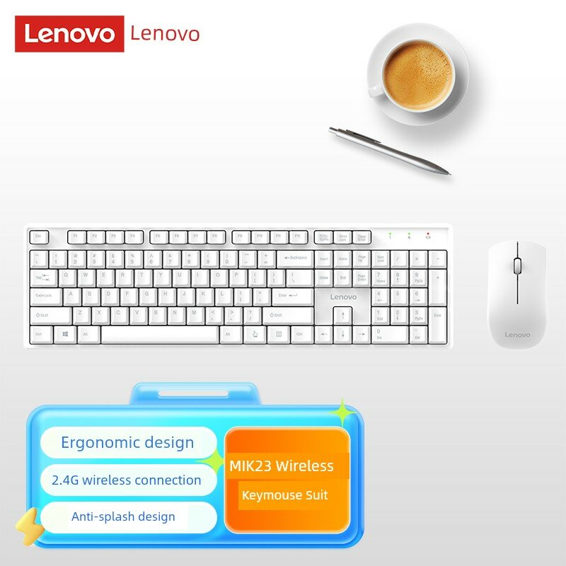 Lenovo MK23 беспроводной комплект клавиатура и мышь для офисного ПК, белый - эргономичный дизайн, подключение без