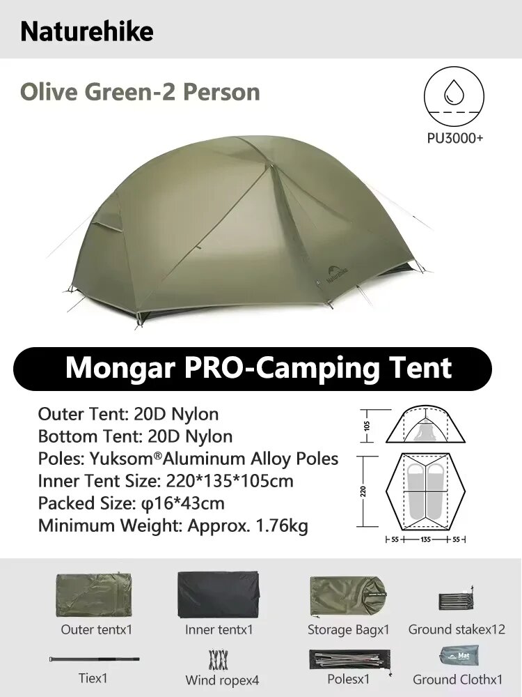 Палатка для кемпинга Naturehike Mongar 2 Ультralight Outdoor 3 сезона Водонепроницаемая 20D Нейлон Палатка для походов Двухместная рюкзачная палатка-PRO 2P Оливковый цвет