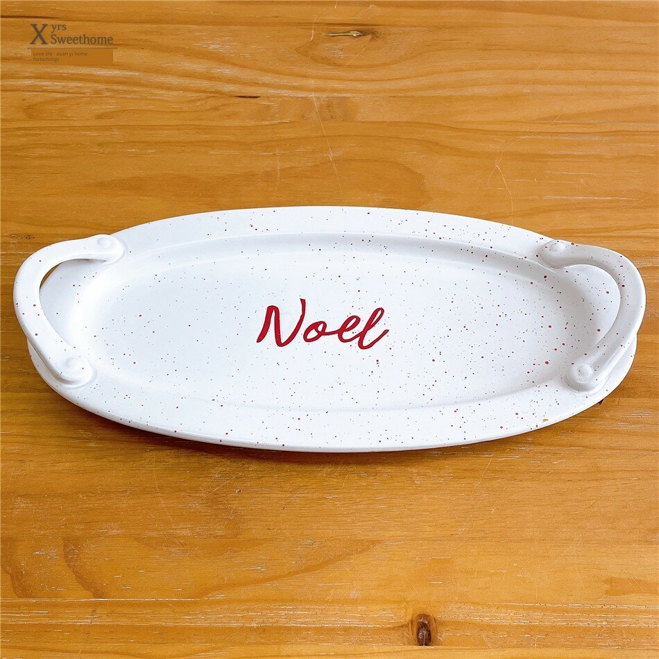 Рождественский поднос с двойными ушками и узором Noel, 40.5x21x3 см, керамический поднос для фруктов на праздничный стол