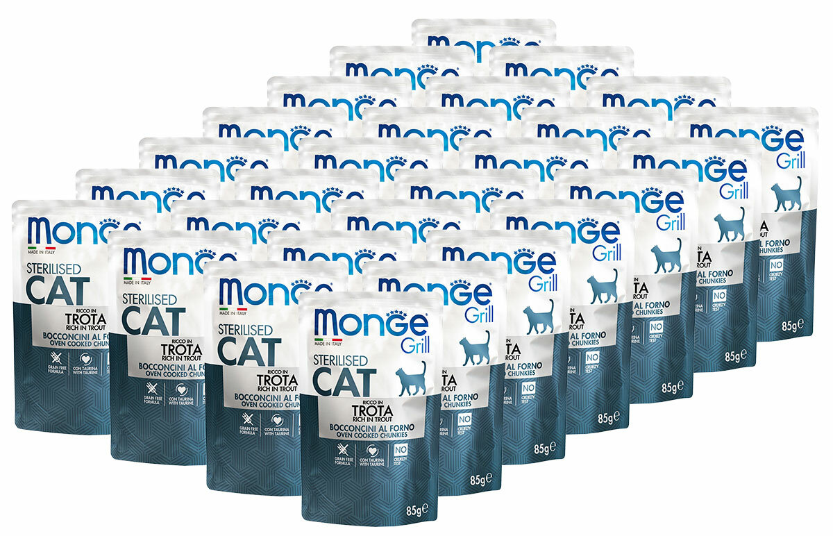 Корм влажный Monge Grill Pouch Cat Sterilised для взрослых кастрированных котов и стерилизованных кошек с форелью пауч, 85 г 28 шт