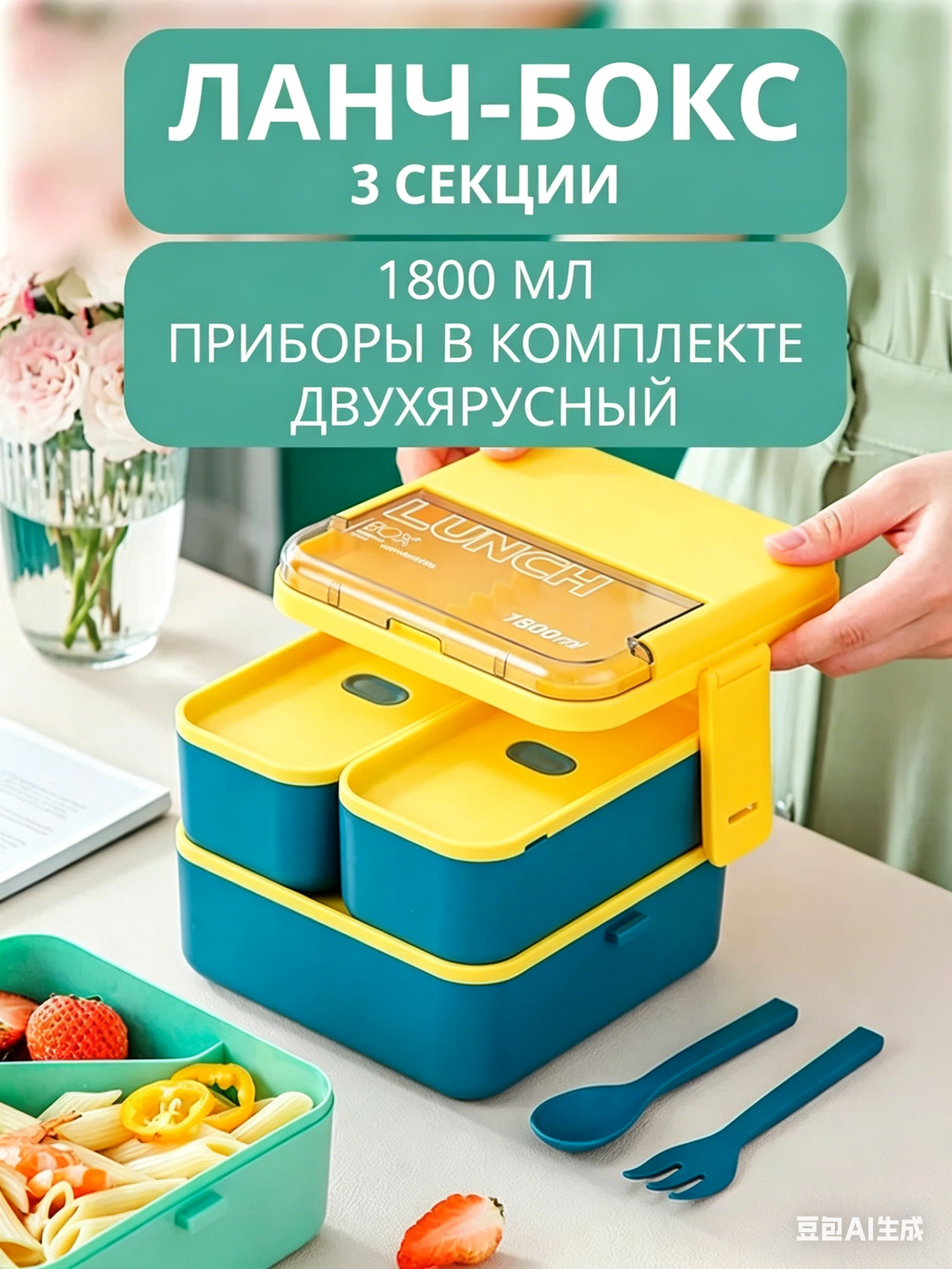 Ланч бокс контейнер с приборами для еды двухуровневый, 1800 мл