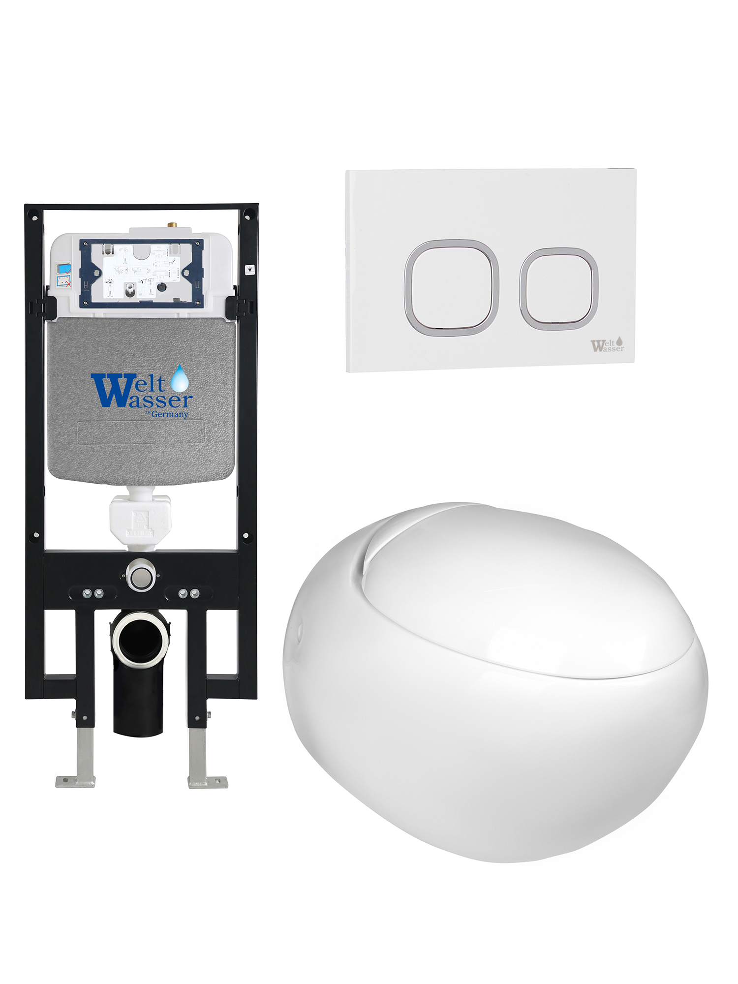 Комплект 3 в 1 Унитаз подвесной WeltWasser JECKENBACH 004 GL-WT безободковый+Инсталляция AMBERG 497 с кнопкой AMBERG RD-WT белая матовая