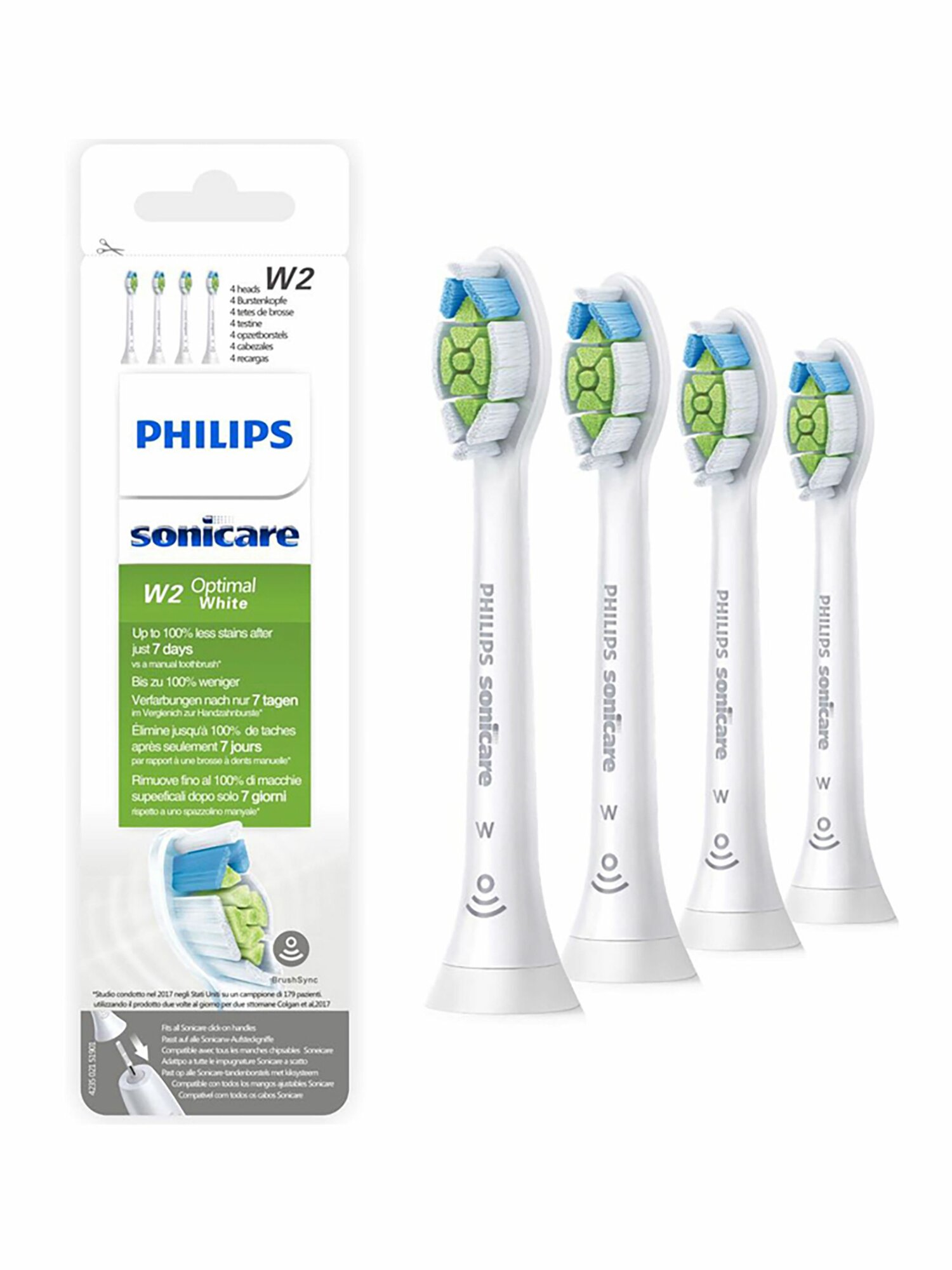 W2 Preferred Насадки для зубной щетки Philips Sonicare Optimal White HX6064 для осветления зубной эмали, 4 шт, белый