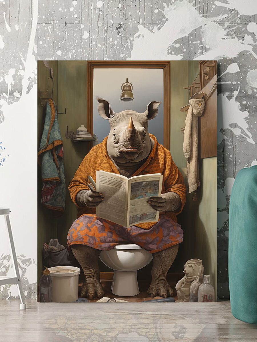 Картина на стену для интерьера - "Носорог в туалете, животные", 30х40 см.