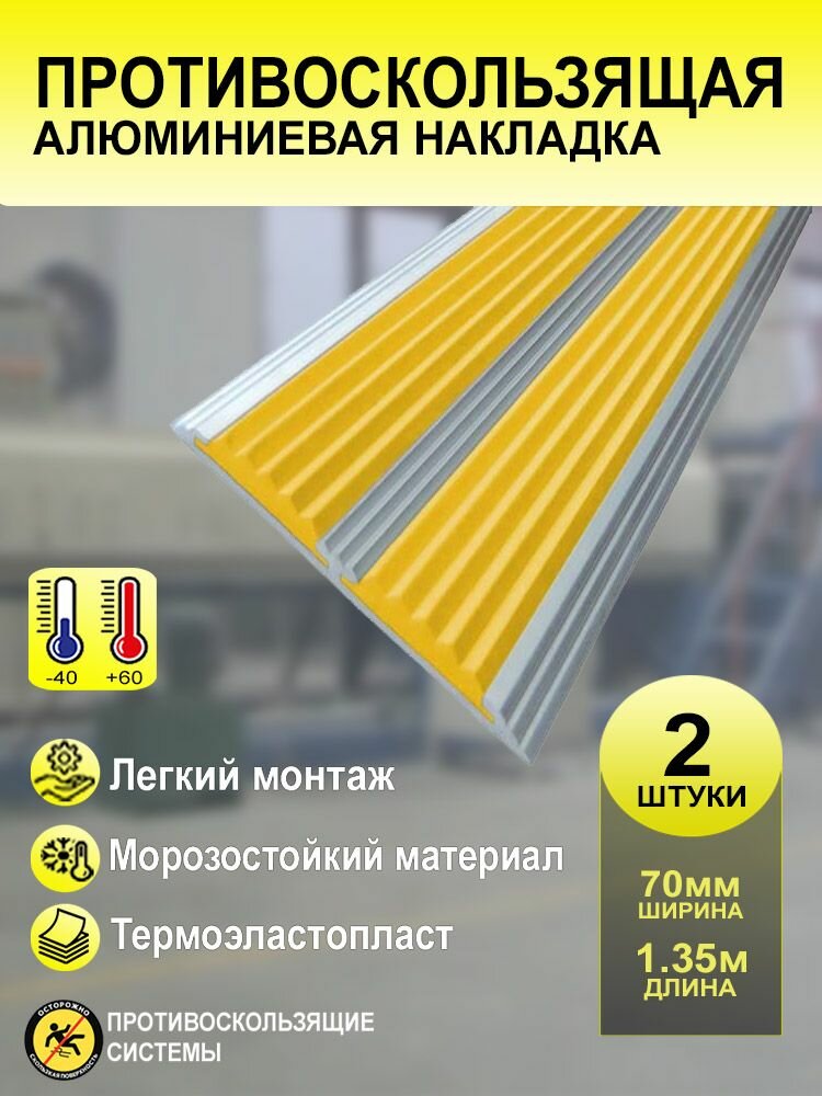 Противоскользящая алюминиевая полоса-накладка с резиновой вставкой, цвет вставки желтый, длина 1,35м. Ширина 70 мм 2 штуки