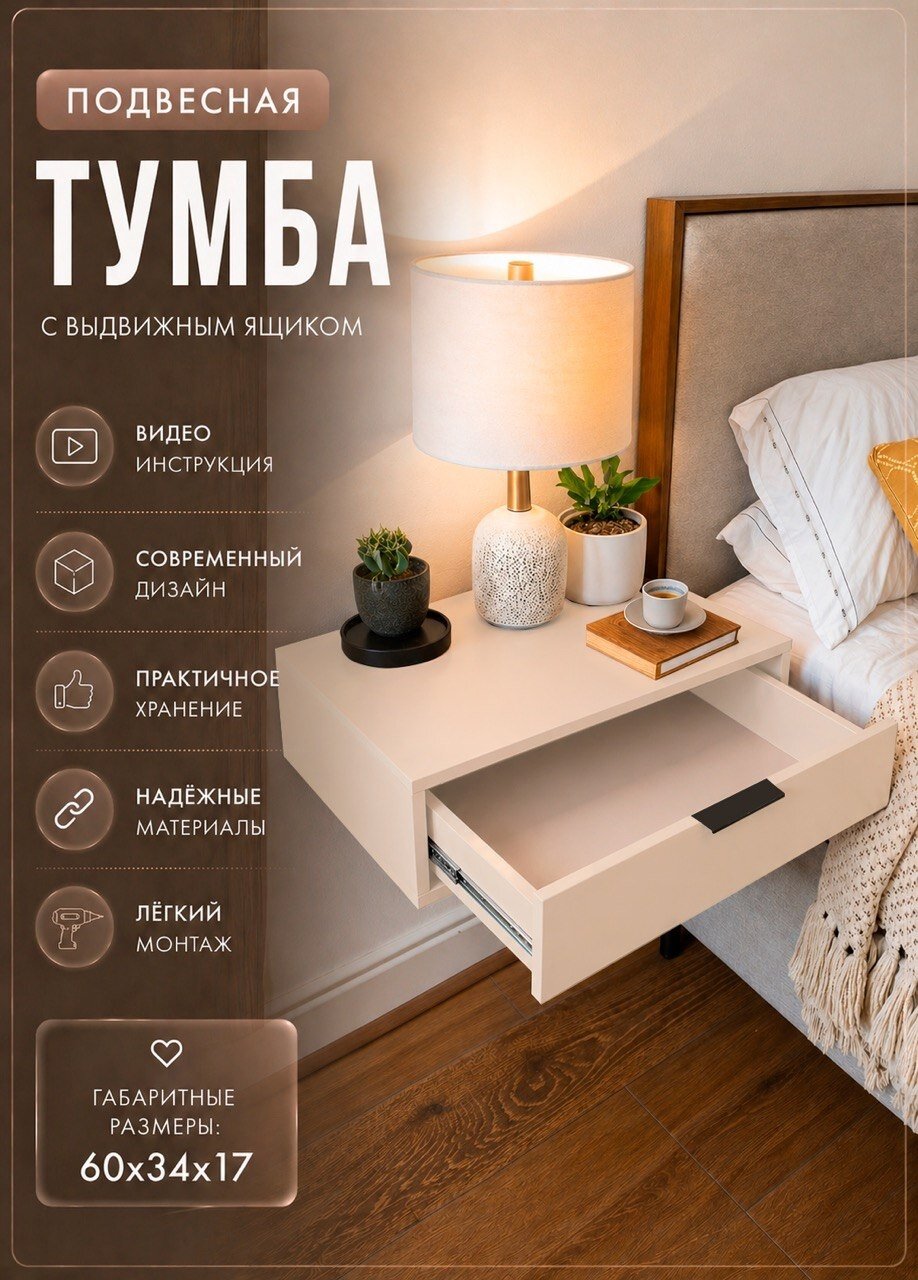 Тумба CHOICE mebel, подвесная, с ящиком, песочная, 60 см x 34 см x 17 см