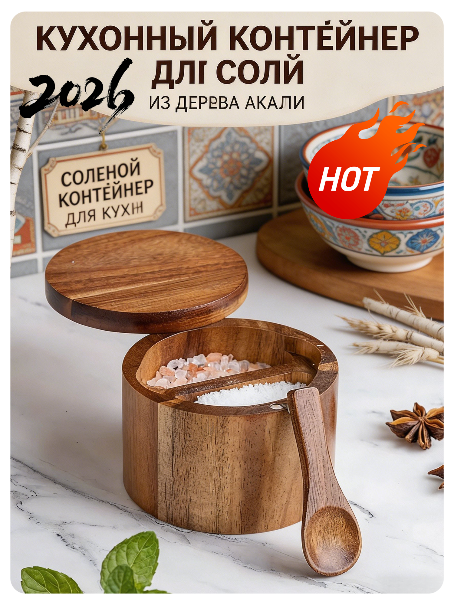 Емкость для специй из дерева акации с ложкой, 9х7 см, два отделения