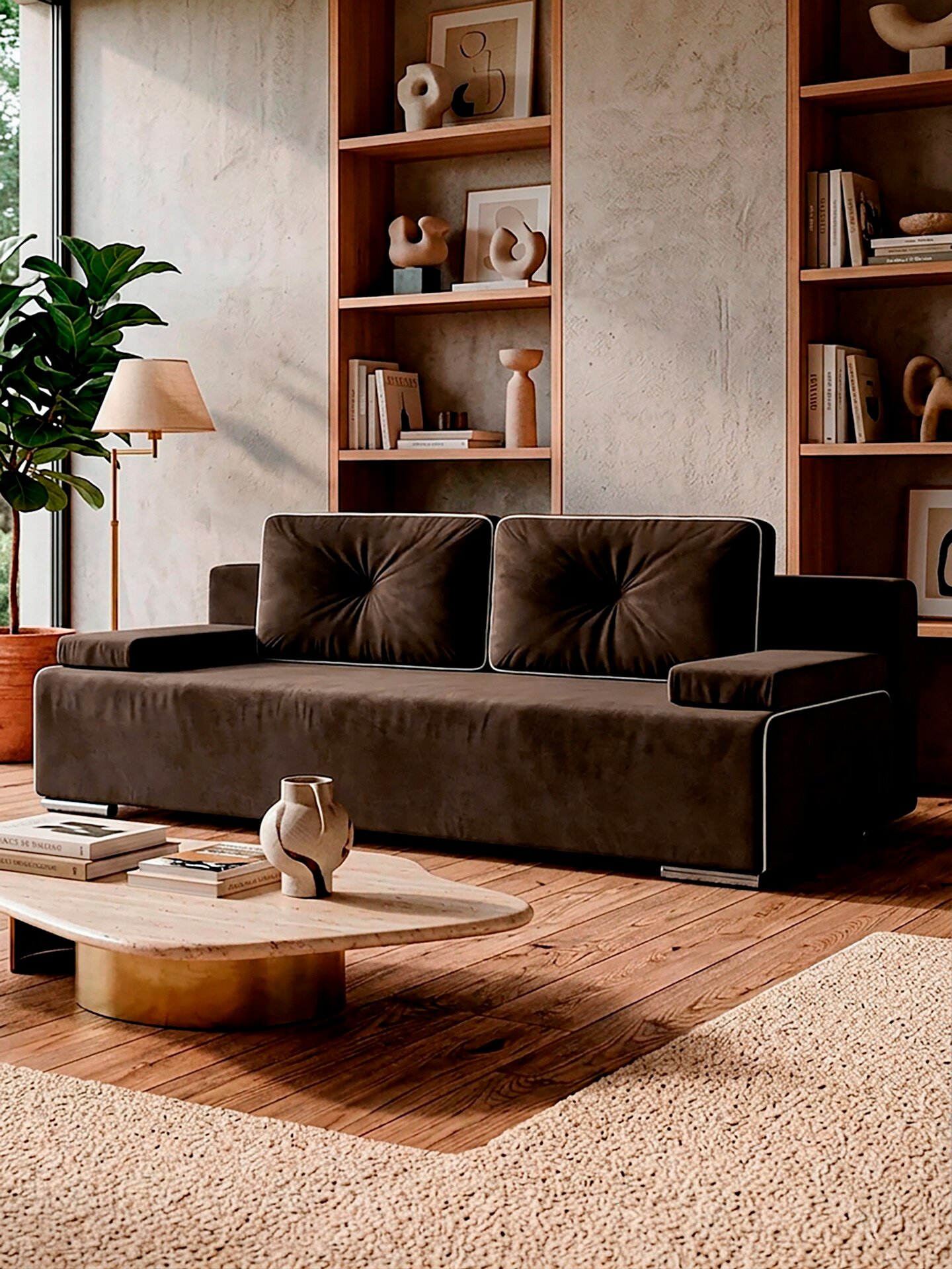 Диван Фрог Лайт Velutto 24 NOW 200x91x80 см, коричневый Велютто, еврокнижка Фиеста