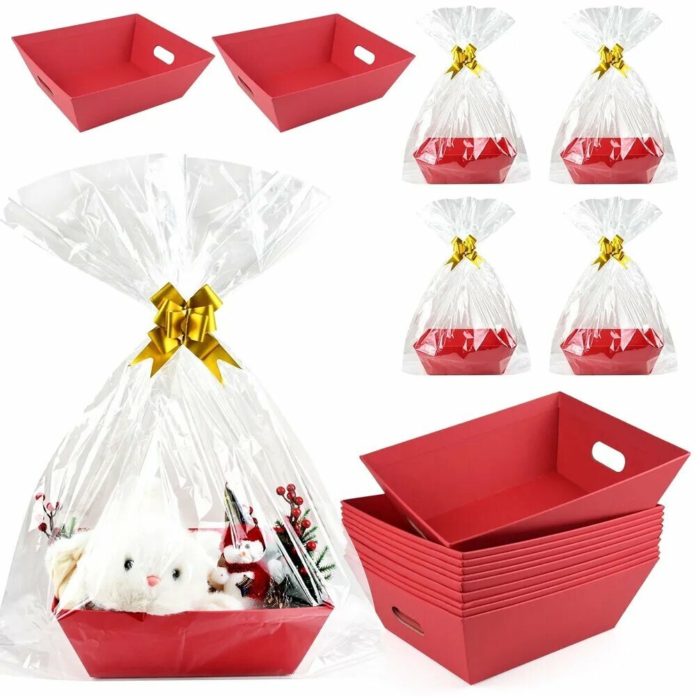 10 крафтовых подарочных корзин красные с пакетами и бантиками, 30x25x10 см, для Рождества и праздников