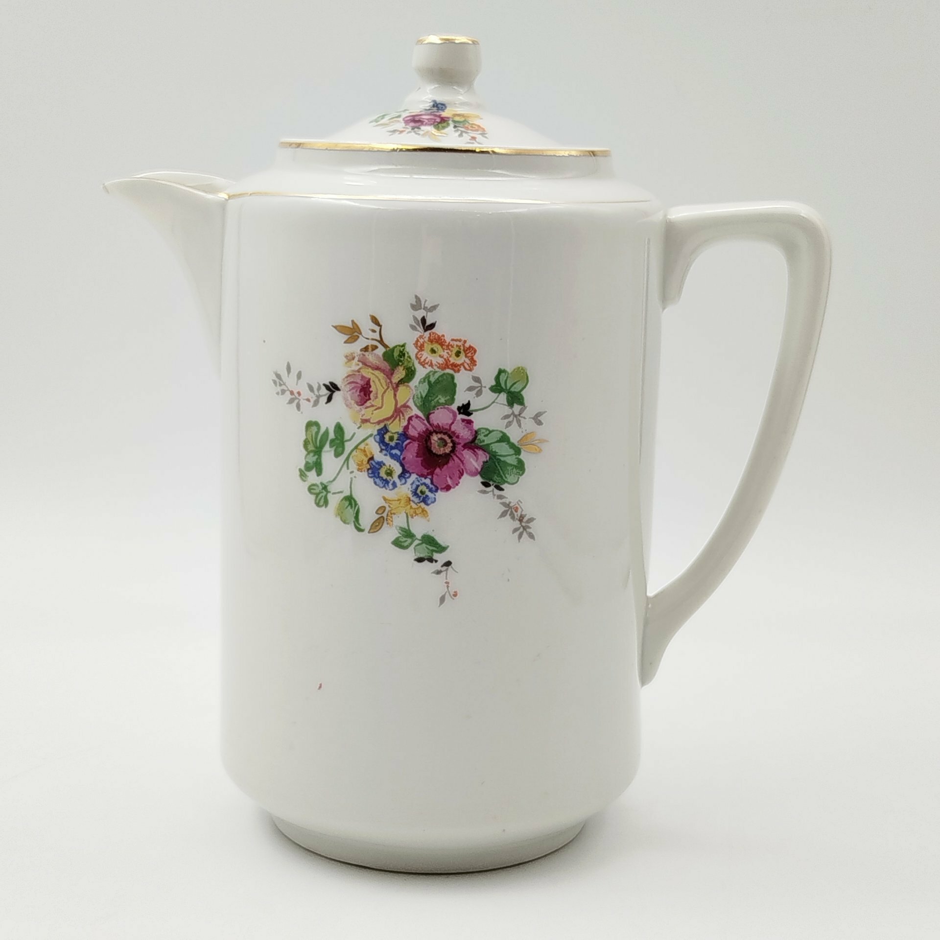 Кофейник с цветочным декором, фарфор, деколь, золочение, Дмитровский фарфоровый завод (ДФЗ Вербилки), СССР, 1940-1954 гг