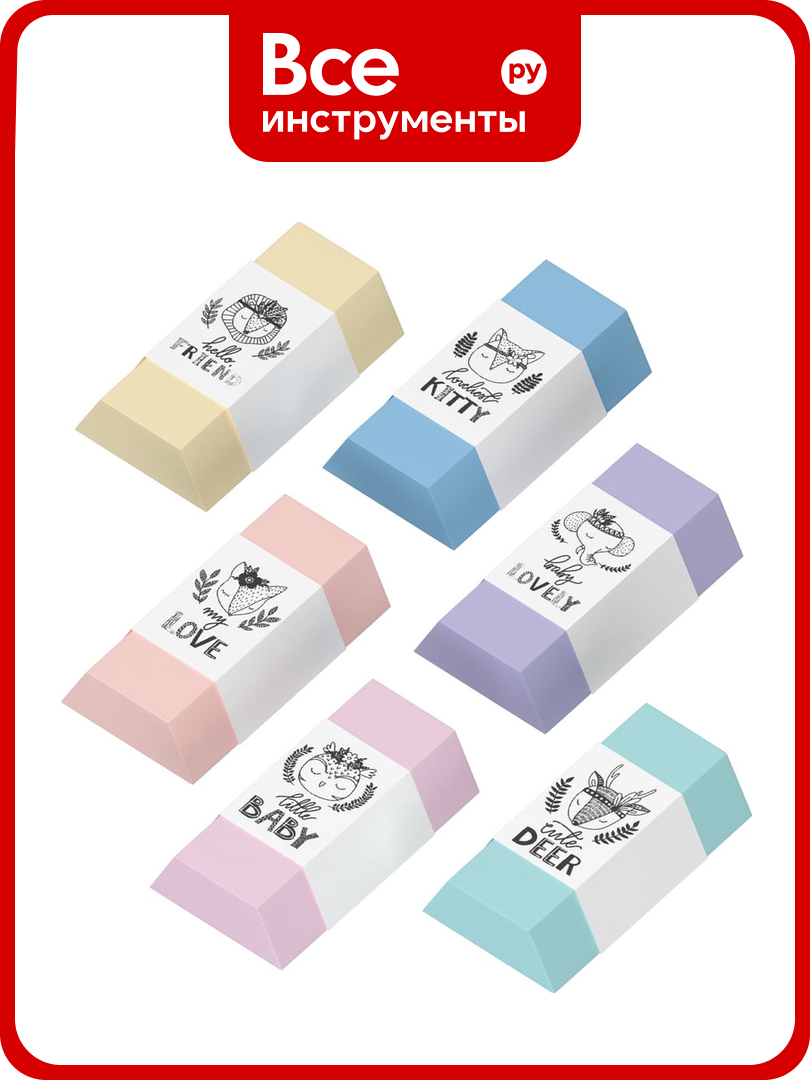 Ластик BERLINGO Pastel из термопластичной резины, многоцветный ассорти, универсальный тип, обеспечивает мягкое стирание