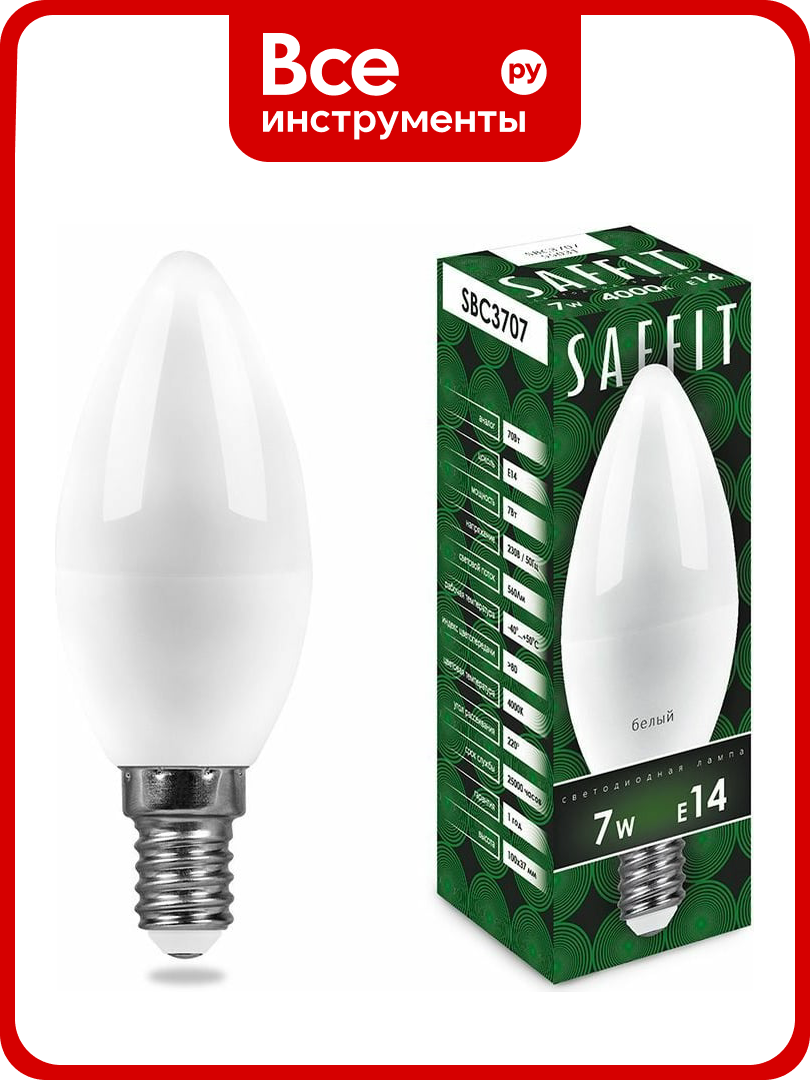 Светодиодная лампа SAFFIT SBC3707 Свеча E14 7W 6400K 55169 холодный белый свет энергосберегающий общий свет