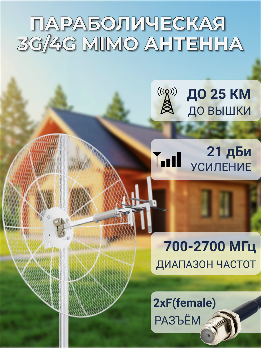 Антенна параболическая MIMO 700-2700 МГц, 21 дБ, KROKS KNA21-700/2700 (F-female)