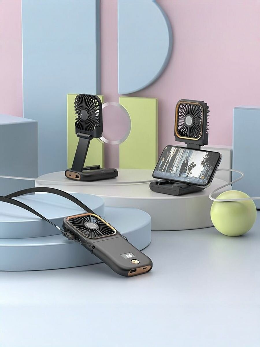 Складной ручной вентилятор с цифровым дисплеем, USB-зарядка, функция повербанка, подставка для телефона, портативный для спорта