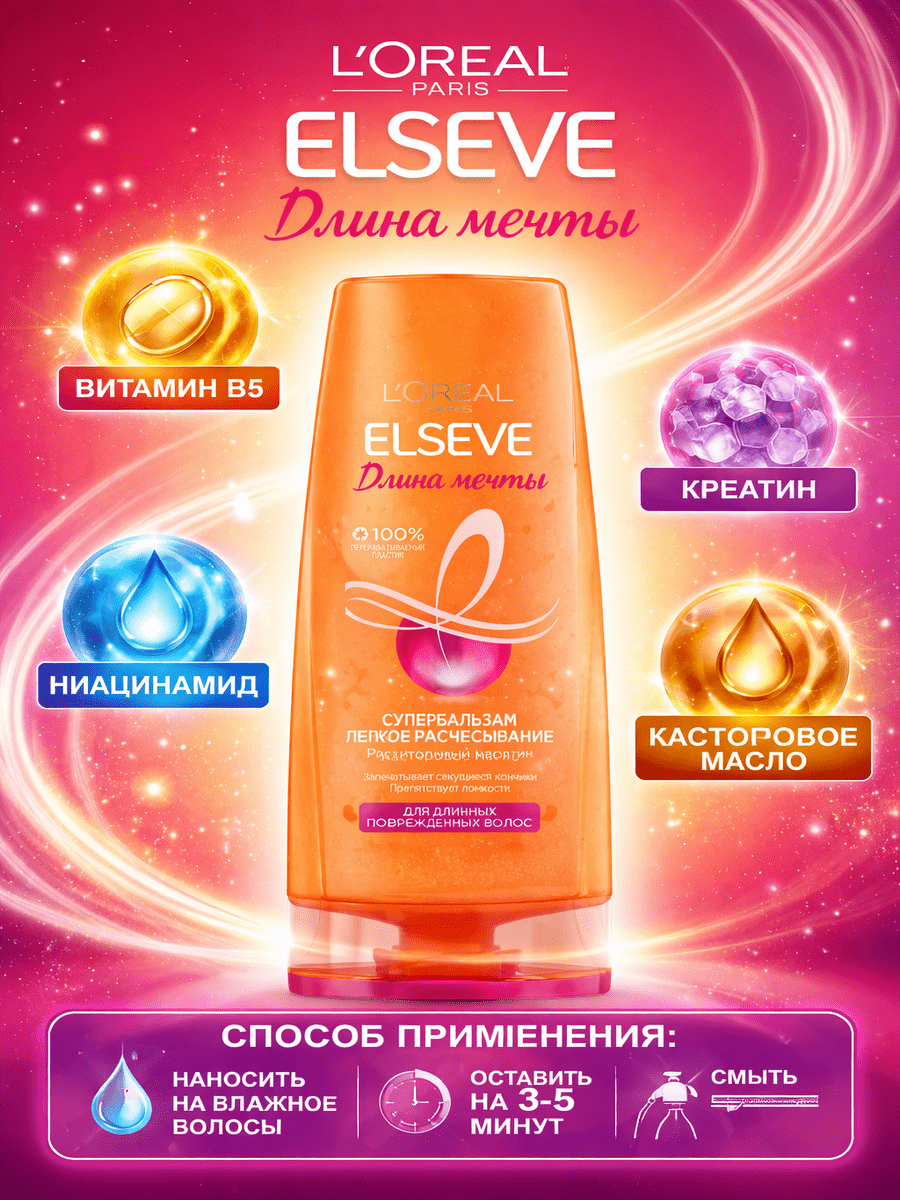 Бальзам для волос L'Oreal Paris Elseve Легкое расчесывание длина мечты для длинных поврежденных волос, 400мл