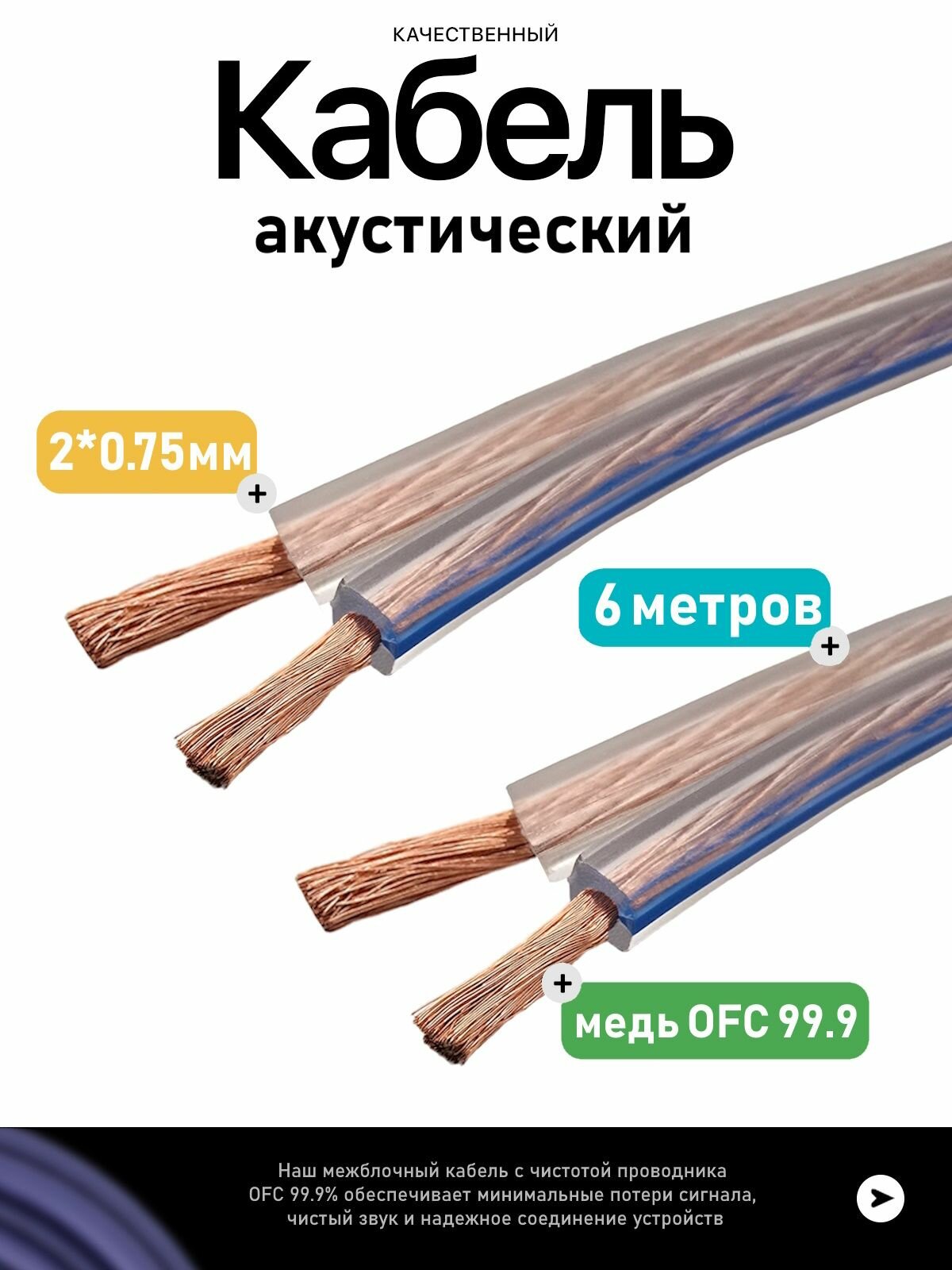 Кабель акустический 2х0,75 мм , 6 метров, бескислородная OFC медь, прозрачная изоляция