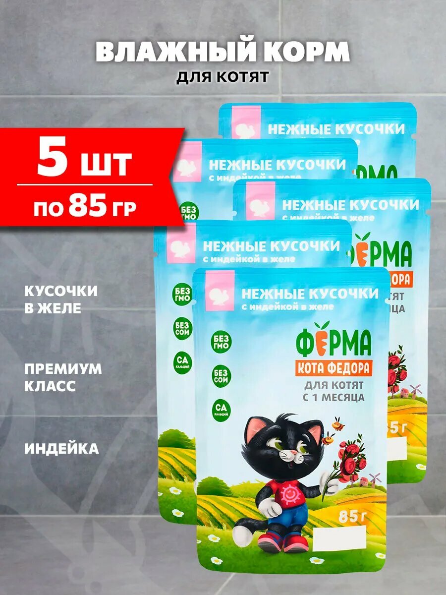Корм влажный Ферма Кота Федора для котят , индейка, нежные кусочки в желе, 85 г 5 шт