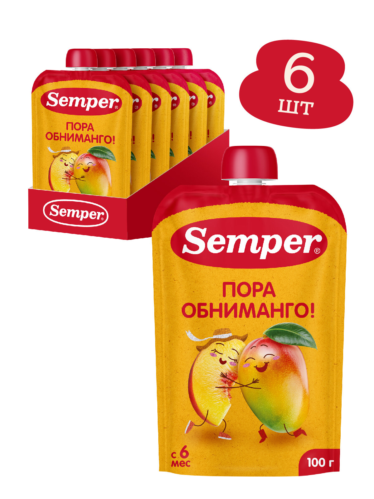 Пюре детское Semper Яблоко-манго-персик, с 6 месяцев, 100гр х 6