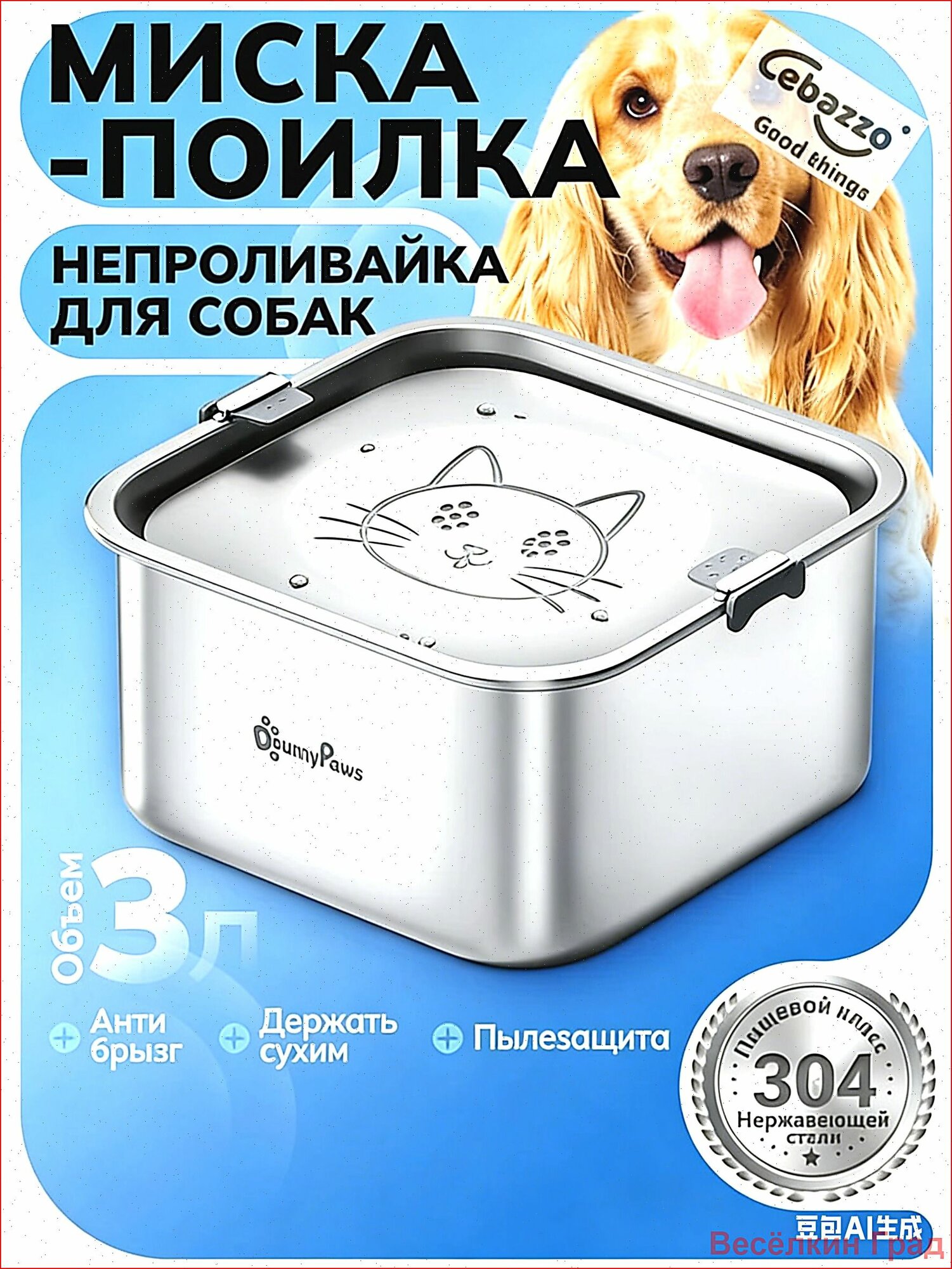 Миска-поилка для собак антиразбрызгивающая, нержавеющая сталь, 3 л, для мелких и средних пород
