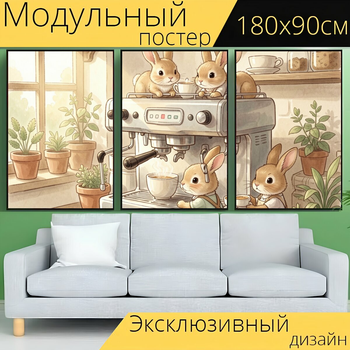 Модульный постер "Кролики у эспрессо-машины. Милые ушастые готовят горячий напиток у блестящего аппарата, вокруг горшки с зеленью и." 180 x 90 см. для интерьера на стену в тубусе