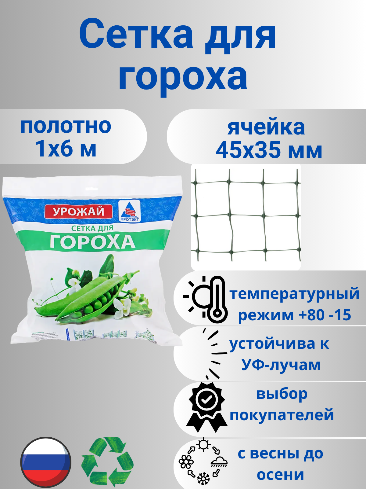 Сетка для гороха ячейка 45x45 мм, 1x6 м, зеленая, пластиковая, квадратная