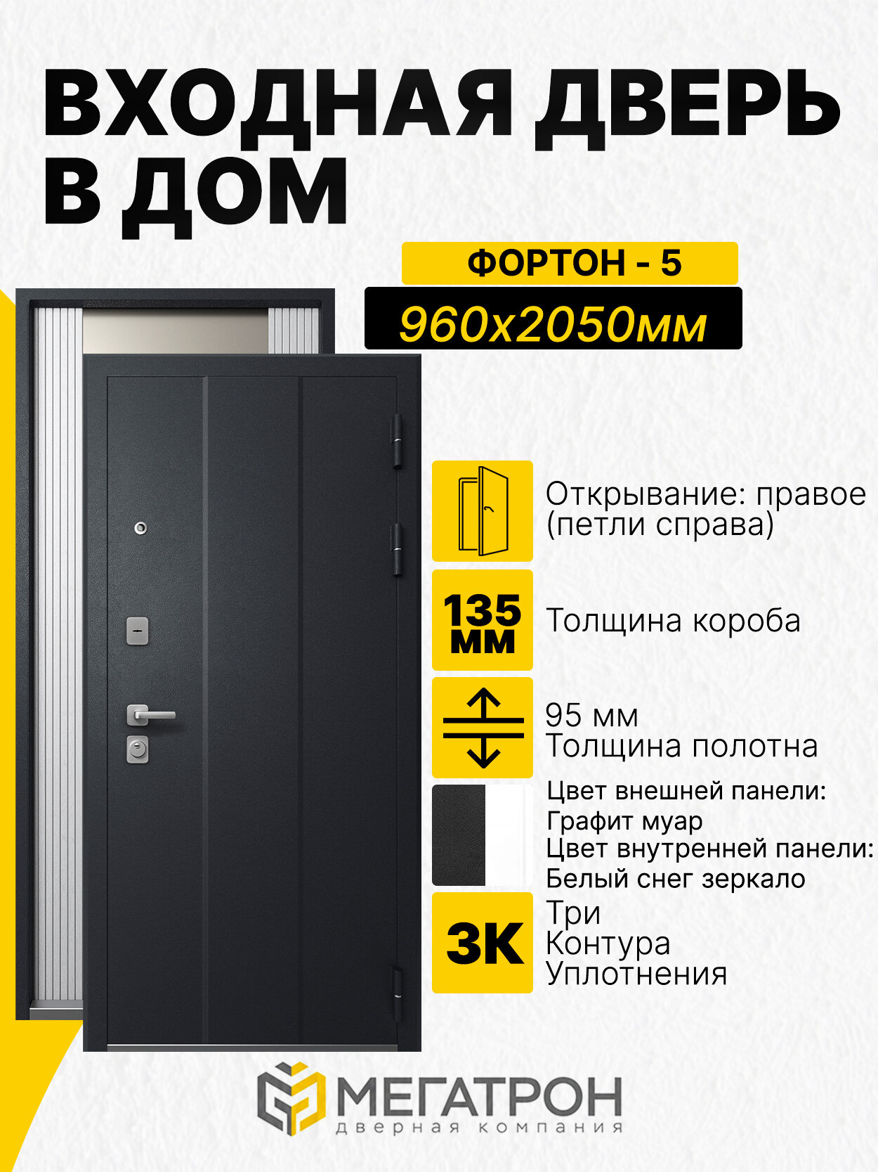 Входная дверь ФОРТОН-5 Зеркало Графит муар/Белый Снег 960x2050 (R)